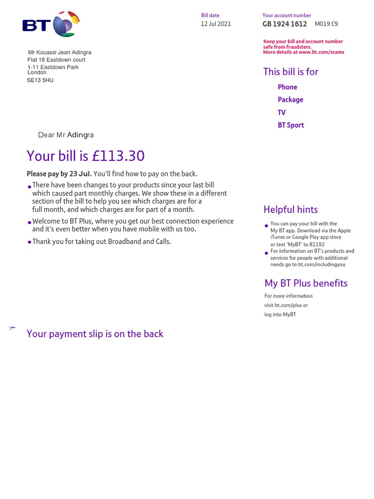 YourBTbill - 12042019 (Bil | PDF | Debit Card | Cheque