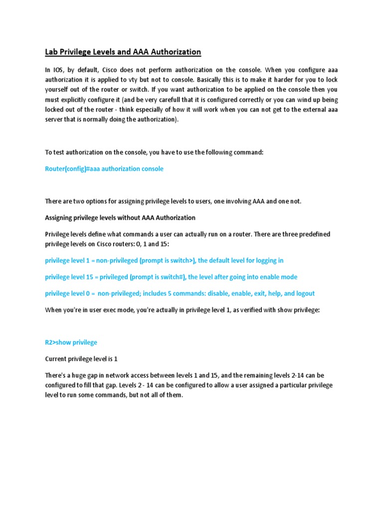 Lab Privilege Levels and AAA Authorization | PDF | Command Line ...