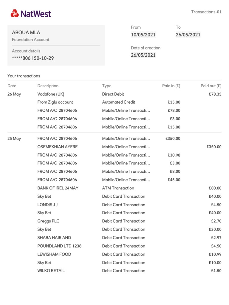 TXN 26052021 10052021 26052021 NatWest | PDF | Financial Transaction ...