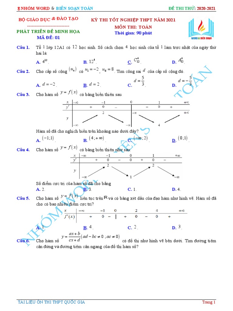 NW358 ĐỀ 01 PHÁT TRIỂN ĐỀ MINH HỌA THI TN THPT 2020 2021 GV | PDF
