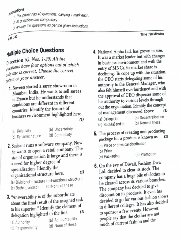 Business Studies MCQ Exam Paper | PDF | Marketing | Sales