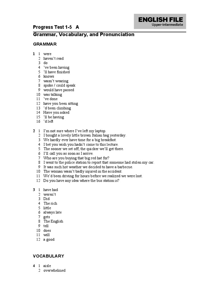 Progress Test 1-5 A Grammar, Vocabulary, and Pronunciation | PDF ...