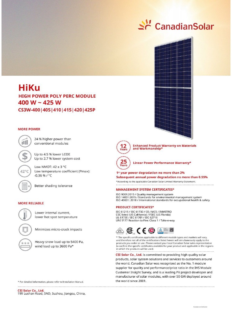 415W Canadian Solar Datasheet HiKu - CS3W-P - 415 | PDF