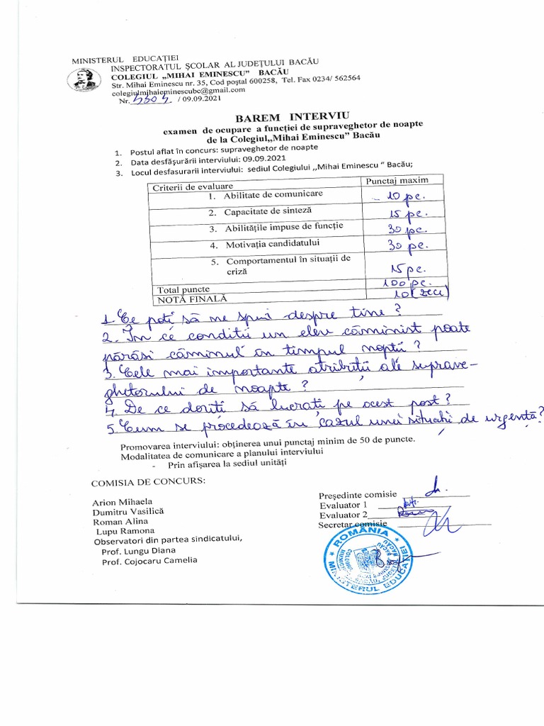 Barem Proba Interviu Concurs Supraveghetor Noapte | PDF