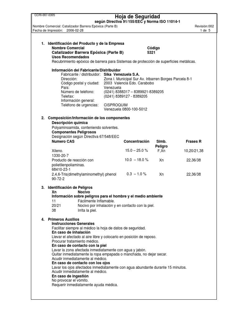 Hoja de seguridad para un catalizador epóxico de barrera | PDF | Agua ...