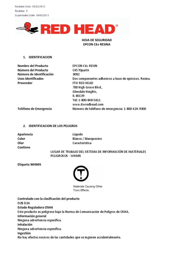 Hoja de Seguridad EPCON C6+ Resina | PDF | Dióxido de carbono | Agua