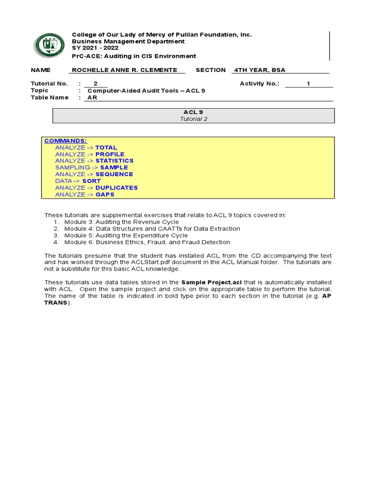 Tutorial No.: 2 Activity No.: 1 Topic: Computer-Aided Audit Tools - ACL 9 Table Name: Ar | PDF ...