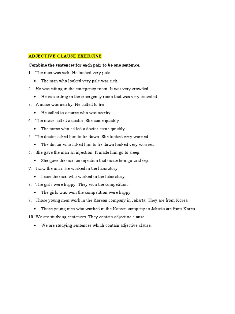 Adjective Clause Exercise Combine The Sentences For Each Pair To Be One ...