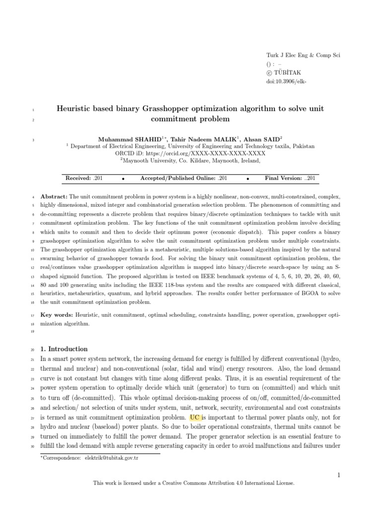 Heuristic Based Binary Grasshopper Optimization Algorithm To Solve Unit Commitment Problem | PDF ...