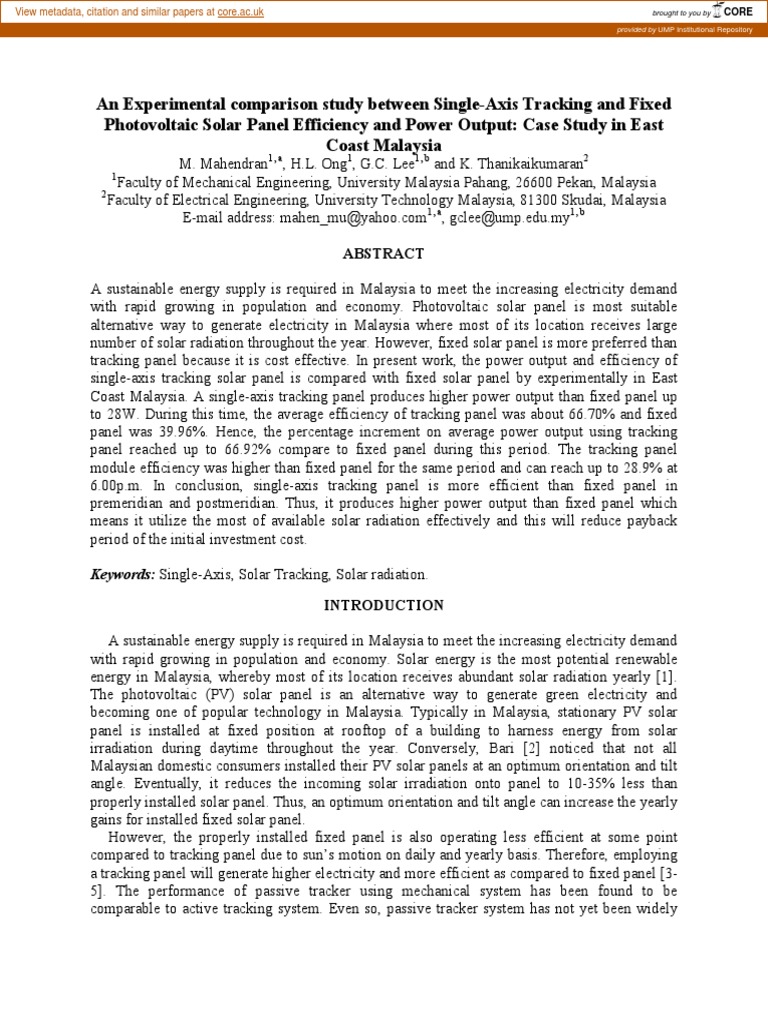 An Experimental Comparison Study Between Single-Axis Tracking and Fixed ...