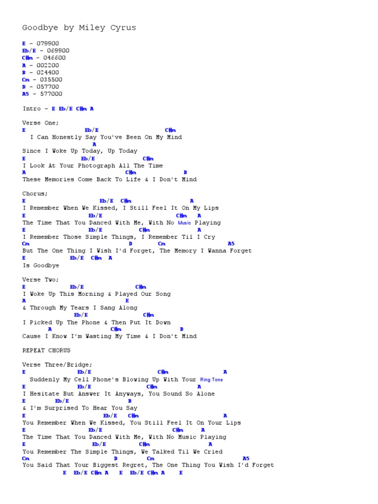 Miley Cyrus Goodbye Lyrics and Chords | PDF | Art