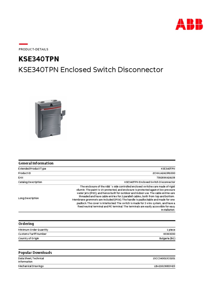 KSE340TPN Enclosed Switch Disconnector | PDF | Switch | Electricity