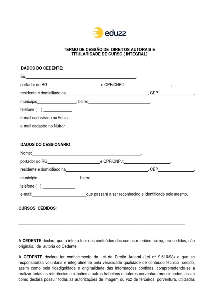 Termo De Cessão E Transferência Total Eduzz Pdf Direitos Autorais