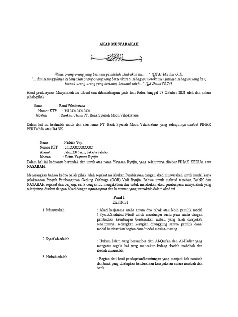 Kontrak - Akad Musyarakah Bank Syariah | PDF