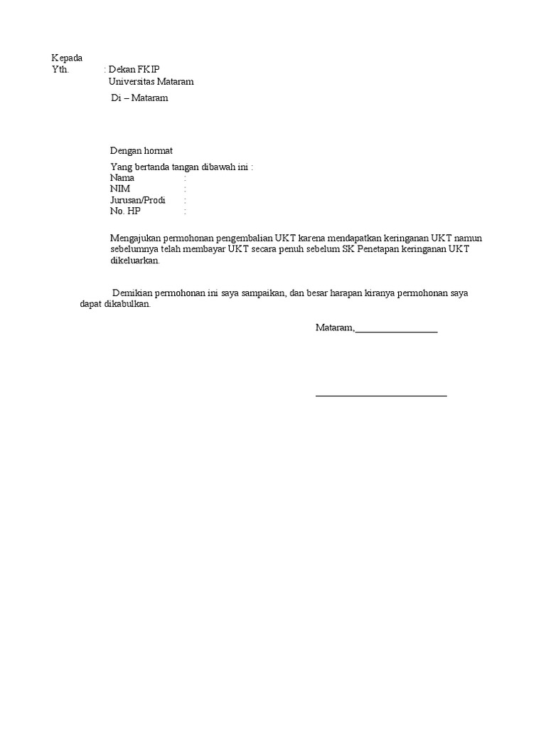 Surat Permohonan Pengembalian Ukt | PDF