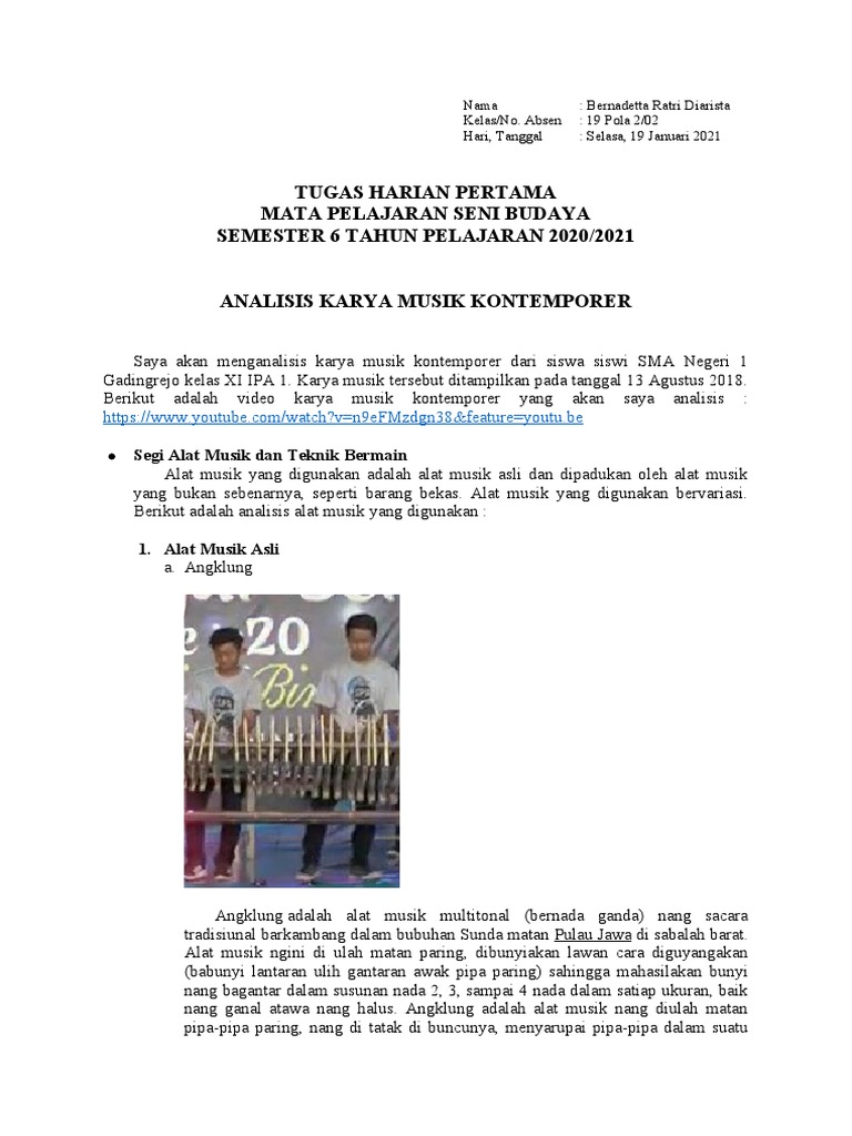 Analisis Karya Musik Kontemporer (Bernadetta Ratri Diarista 19 POLA 2 - 02) | PDF