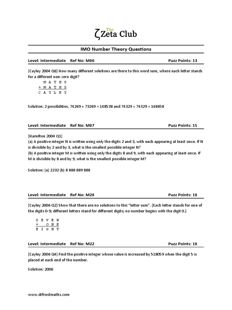 IMO Number Theory Questions: Level: Intermediate Ref No: M06 Puzz Points: 13 | PDF | Numbers ...