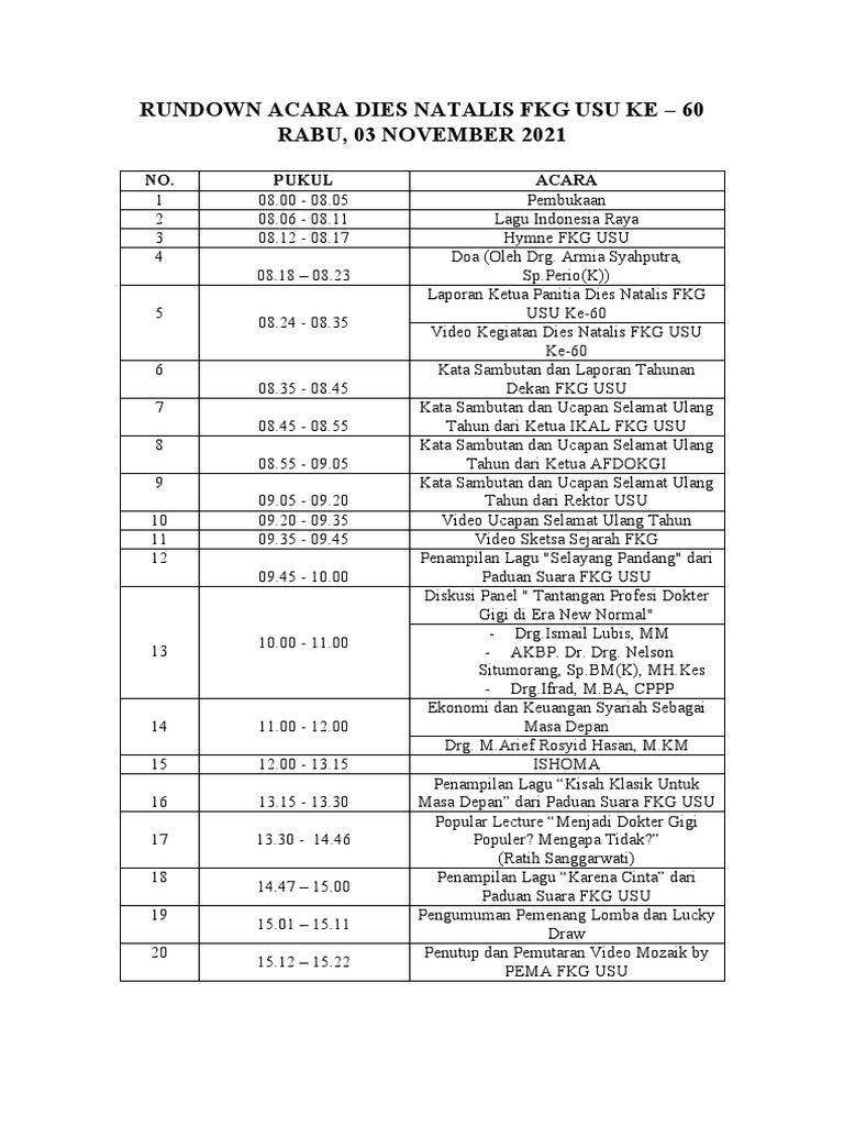 Rundown Acara Dies Natalis FKG Usu Ke - 60 | PDF