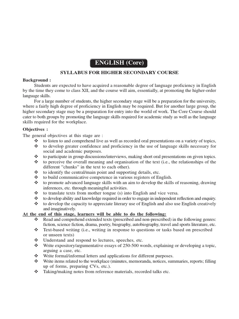 ENGLISH (Core) : Syllabus For Higher Secondary Course | PDF | Reading ...