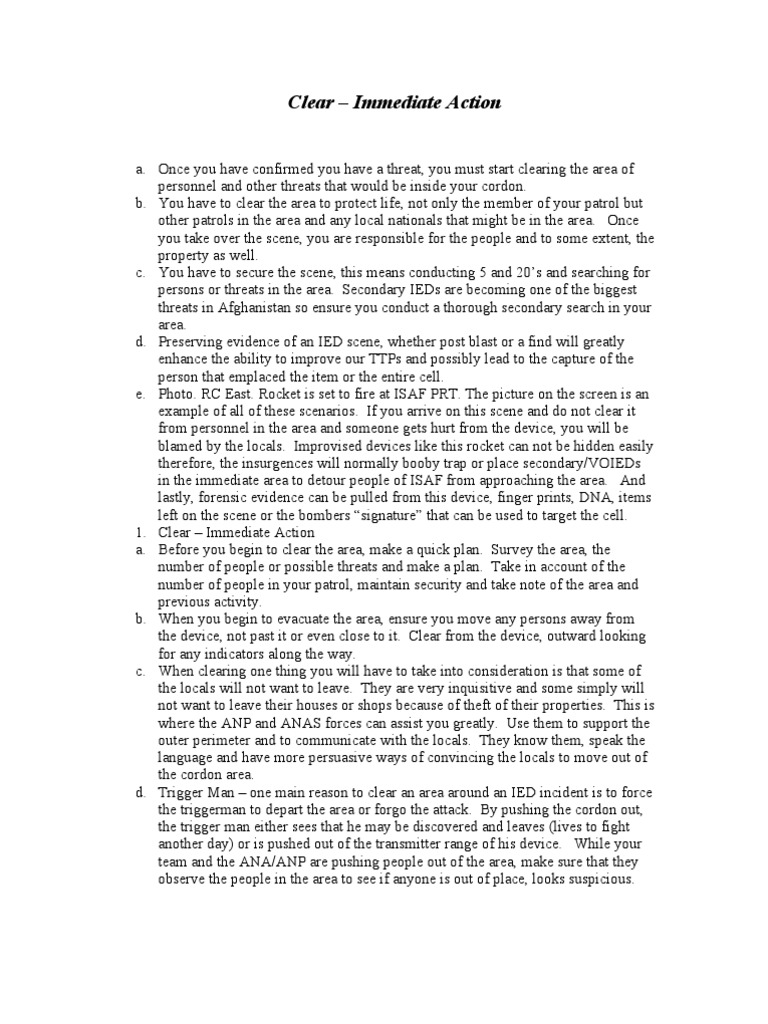 Clear - Immediate Action | PDF | Improvised Explosive Device | Warfare