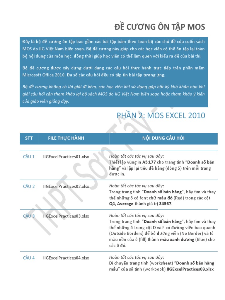 Decuong Ontap MOS EXCEL | PDF