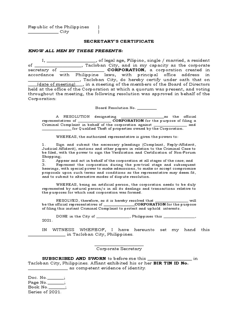 Secretarys Certificate To File Case Sample | PDF | Affidavit ...