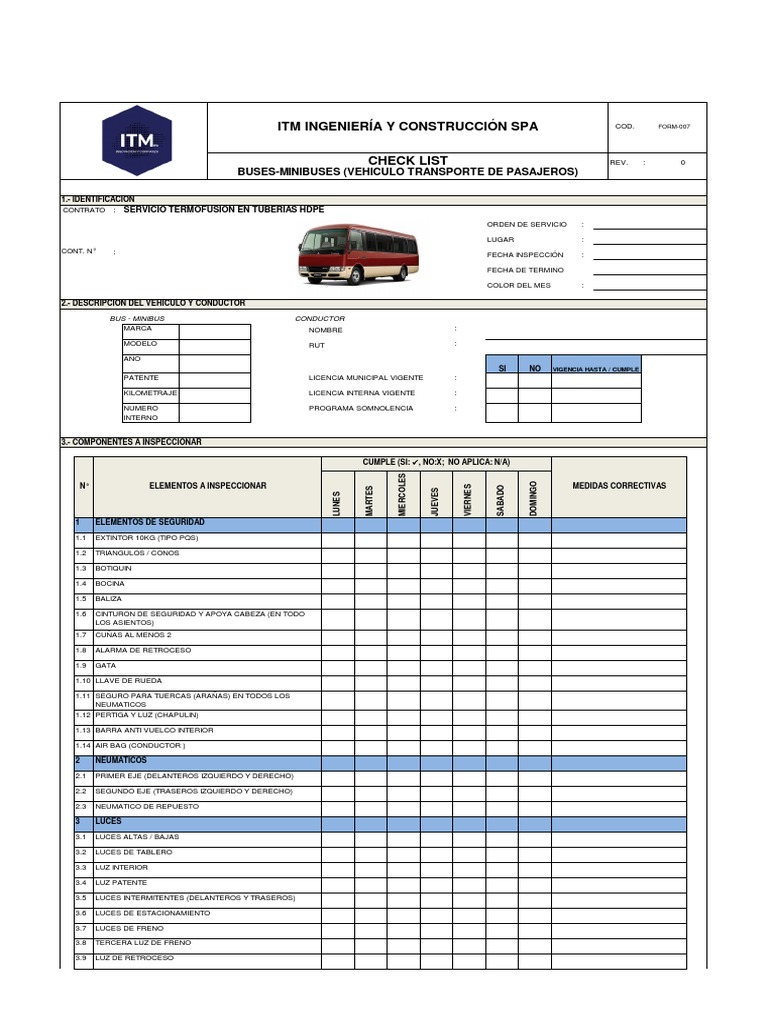 FORM-007 - Check List Bus. Minibus | PDF | Transporte | Vehículos de ruedas
