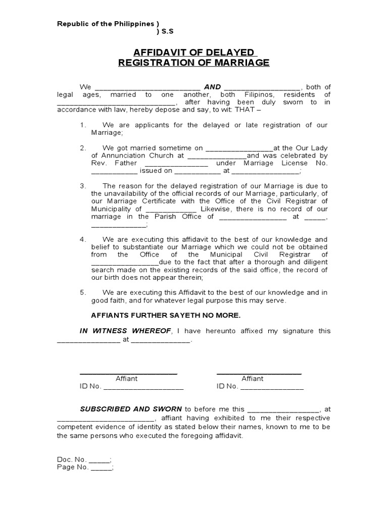 AFFIDAVIT OF LATE REGISTRATION OF MARRIAGE (Sample) | PDF | Affidavit | Social Institutions