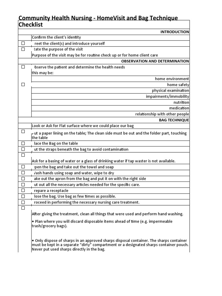 Home Visit & Bag Technique Checklist | PDF | Infection | Health Sciences
