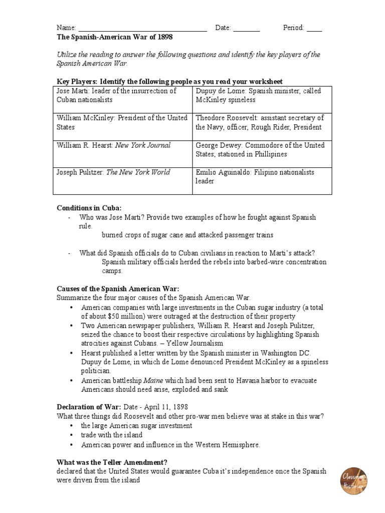 Spanish-American War Overview Worksheet | PDF | Military