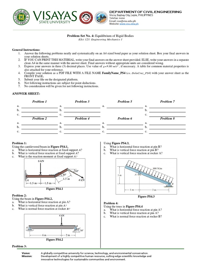 Problem Set No. 4: Equilibrium of Rigid Bodies: Problem 1 Problem 3 ...