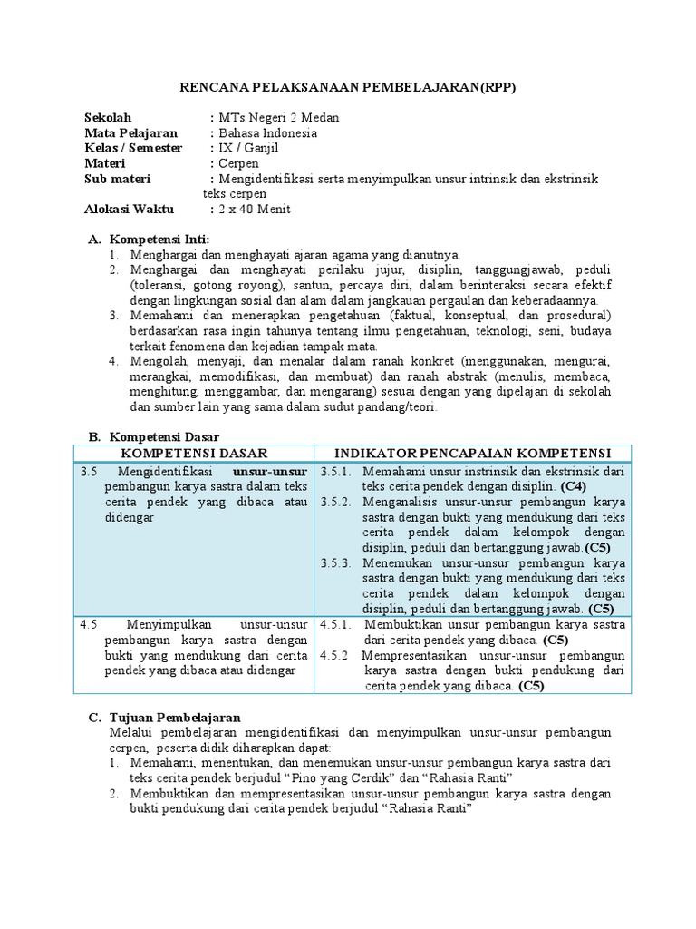 RPP I & Ii Cerpen MTSN 2 Medan | PDF