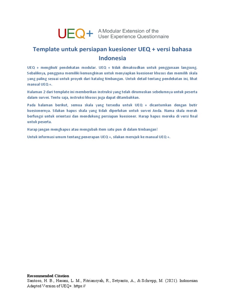 Template Kuesioner UEQ+ Bahasa Indonesia | PDF | Karier & Perkembangan