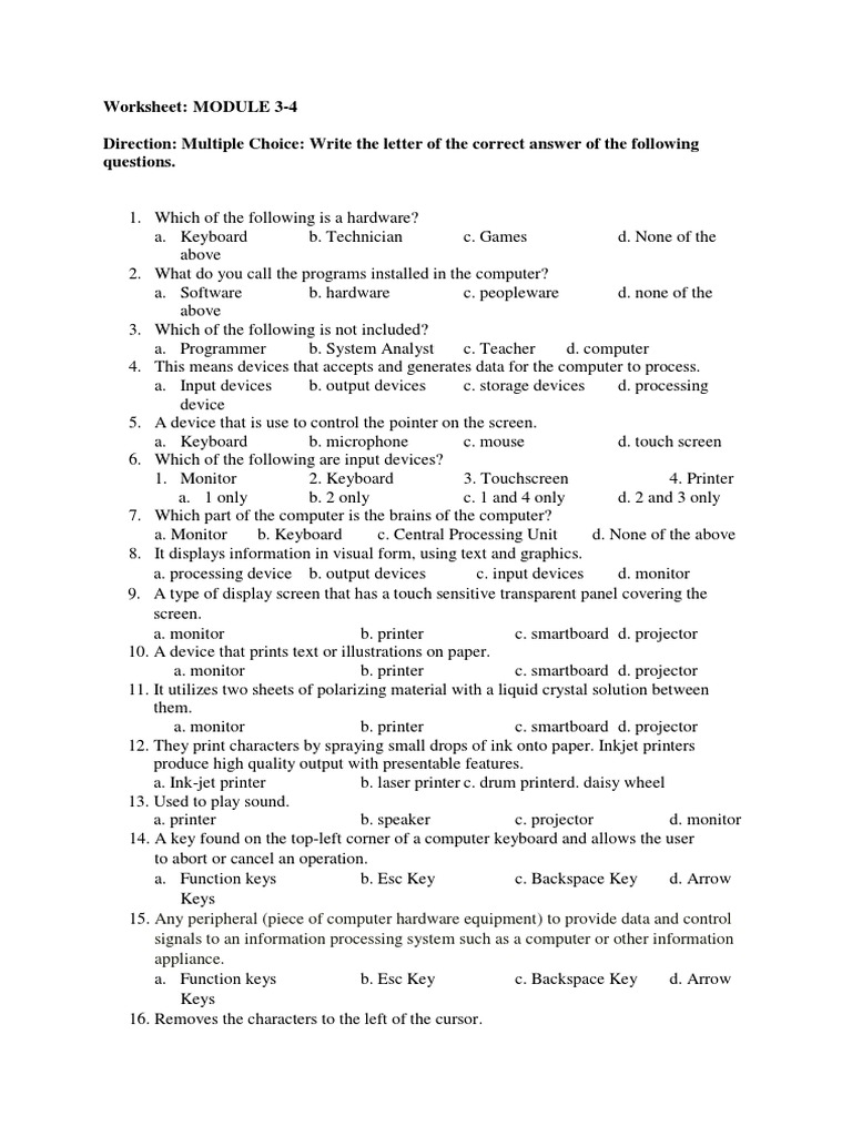 Worksheet: MODULE 3-4 Direction: Multiple Choice: Write The Letter of ...