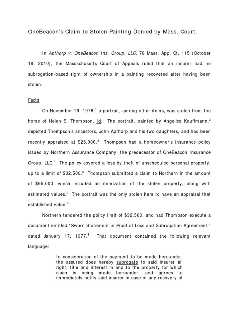 Apthorp v. OneBeacon | PDF | Subrogation | Insurance