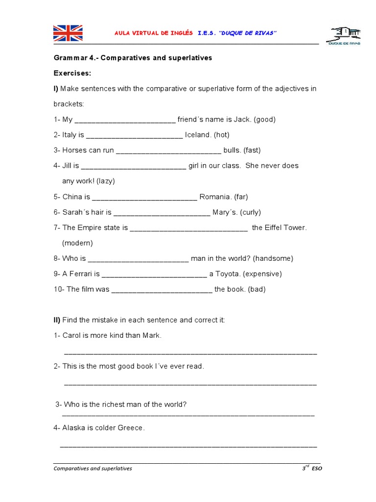Grammar 4 Comparatives and Superlatives. Exercises and Answer Key | PDF ...