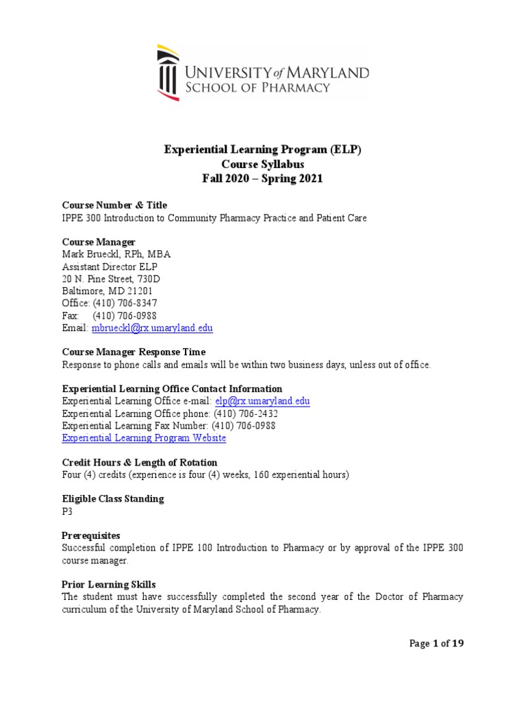 Experiential Learning Program (ELP) Course Syllabus Fall 2020 - Spring 2021 | PDF | Pharmacy ...