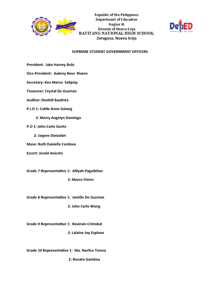 Supreme Student Government Officers | PDF