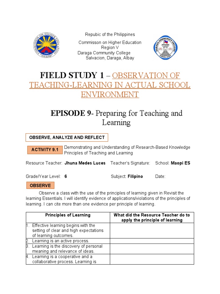 Field Study 1: Observation of Teaching-Learning in Actual School ...