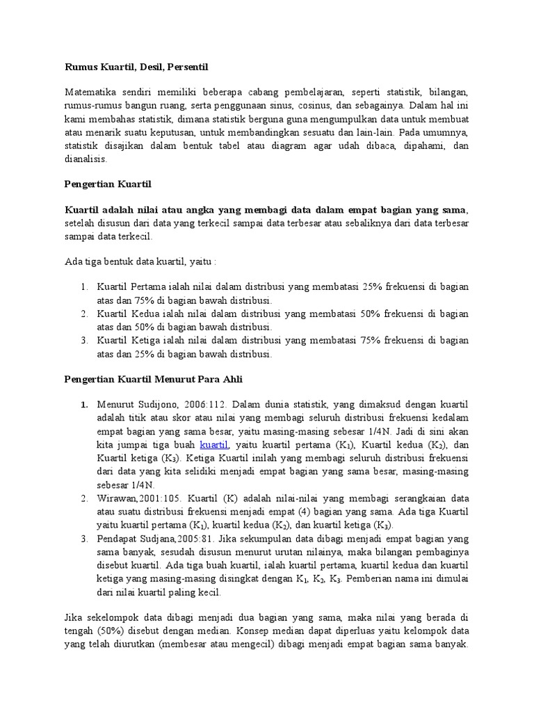 Rumus dan Pengertian Kuartil Statistika | PDF | Metode & Bahan Ajar