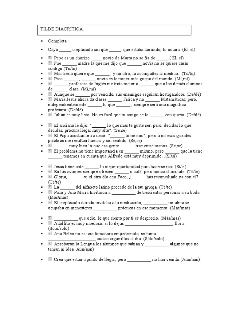 Ejercicio de La Tilde Diacrítica | PDF