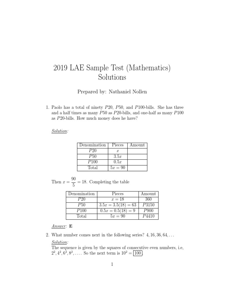 LAE Sample Test Mathematics Solutions | PDF | Numbers | Length