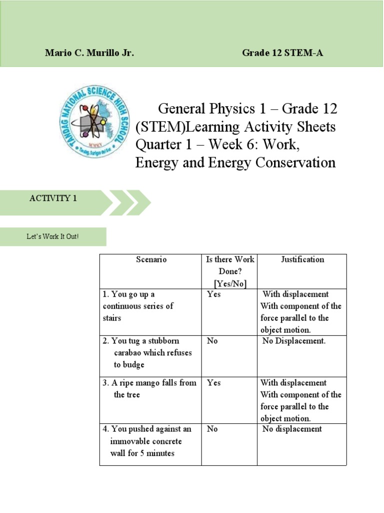 Work and Energy in Grade 12 Physics | PDF | Potential Energy | Force