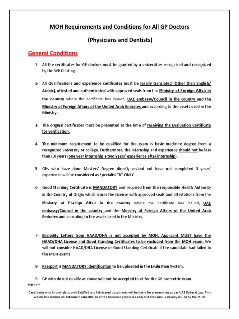 MOH UAE Requirements For GPs | PDF | General Practitioner | Physician