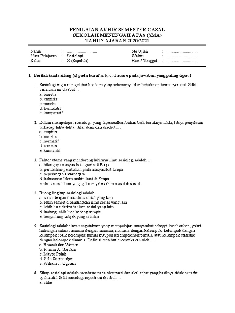 Soal PAS-UAS Sosiologi Kelas 10 SMA | PDF