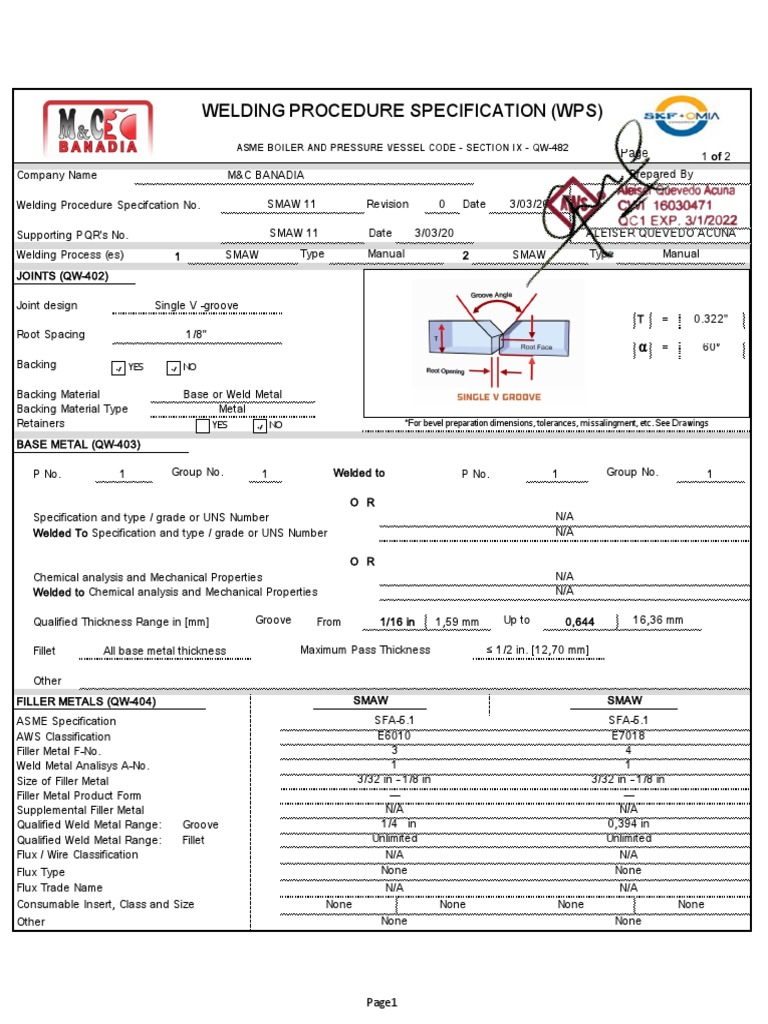 Welding Procedure Specification (WPS) : Asme Boiler and Pressure Vessel Code - Section Ix - Qw ...