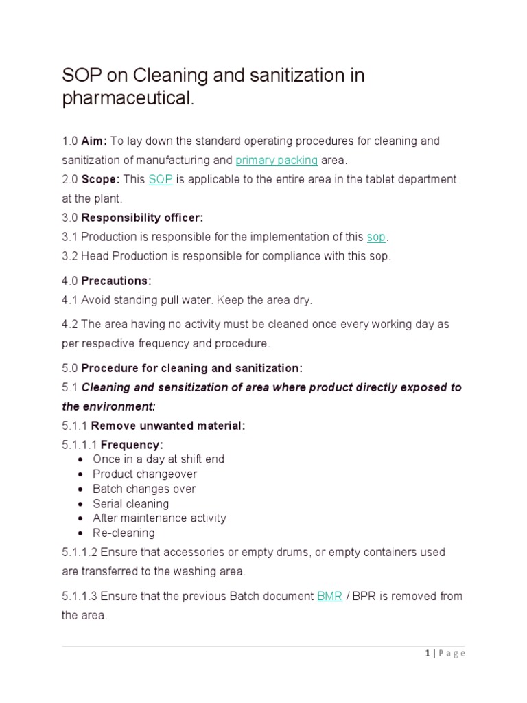 Cleaning SOP for Pharmaceutical Areas | PDF | Safety | Calibration