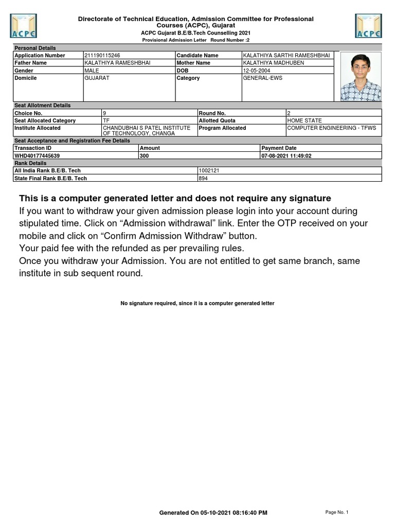 This Is A Computer Generated Letter and Does Not Require Any Signature ...