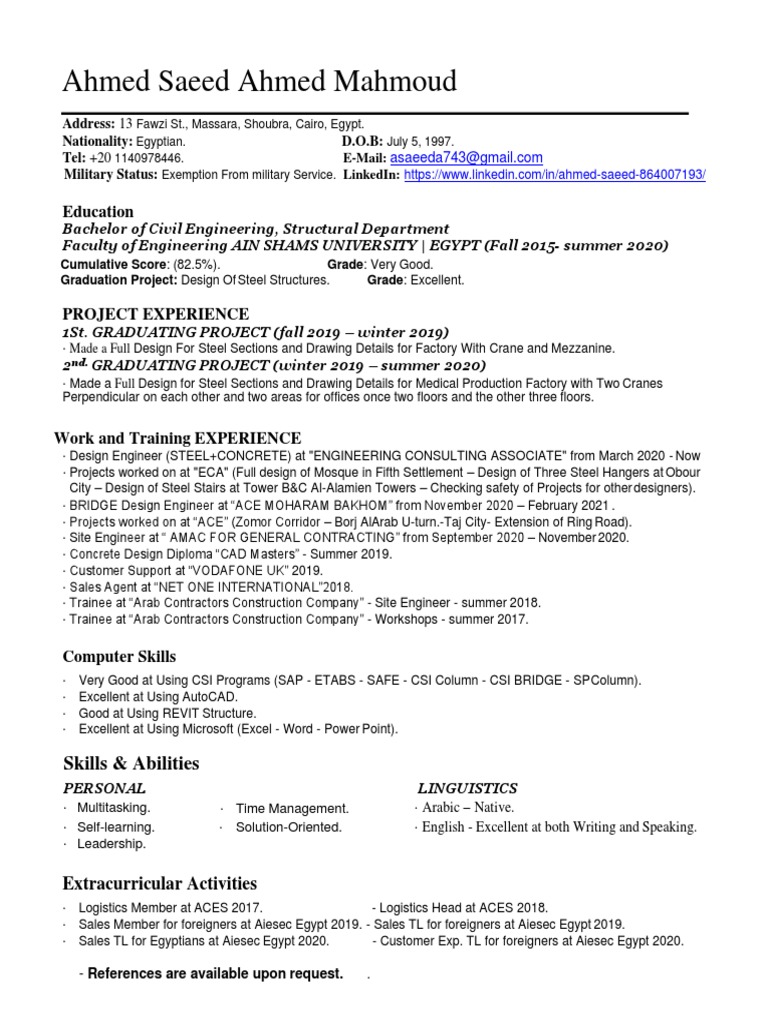 Ahmed Saeed CV | PDF | Egypt | Engineering
