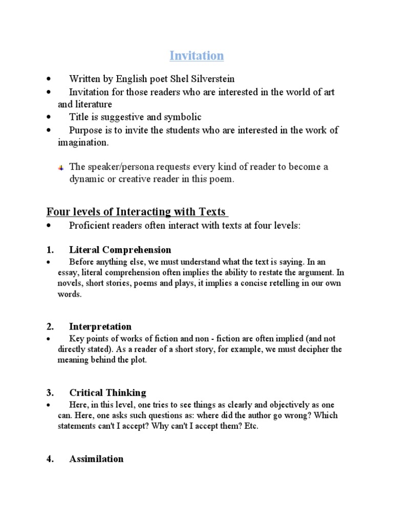 Invitation: Four Levels of Interacting With Texts | PDF | Reading ...